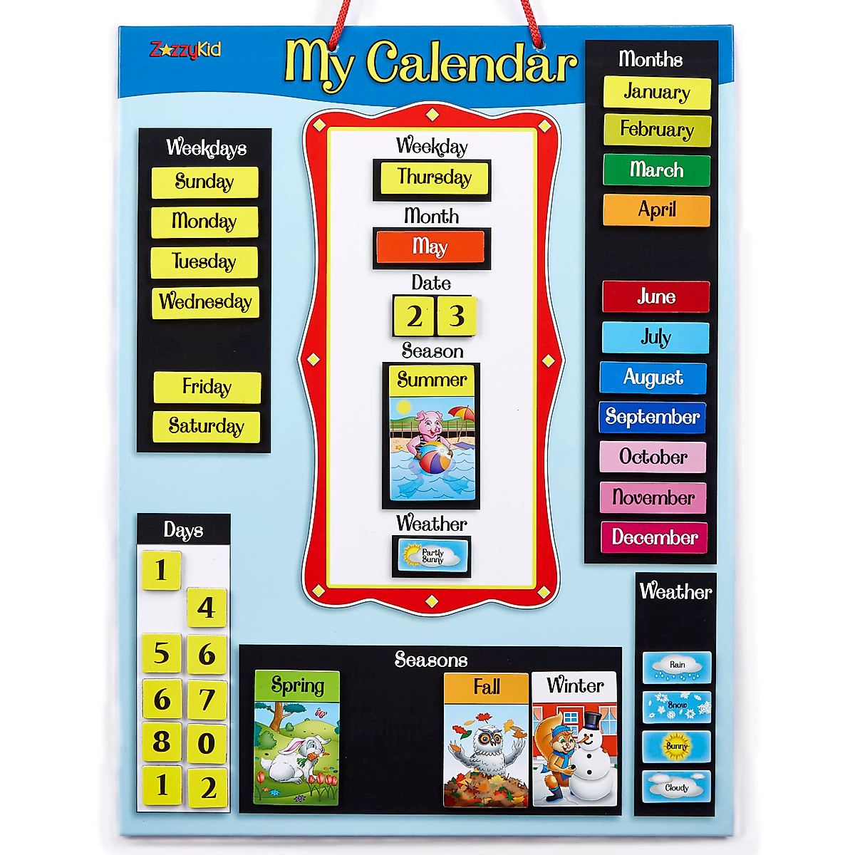 ZazzyKid Magnetic Calendar & Weather Chart for Kids - Preschool Daily Calendar Learning for Days of the Week, Months, Weather & Season Blue