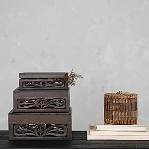 Creative Co-Op 5.75 Inches Round Carved Mango Wood Pleated Lid and Metal Pull, Natural and Antique Gold Finish Display Box