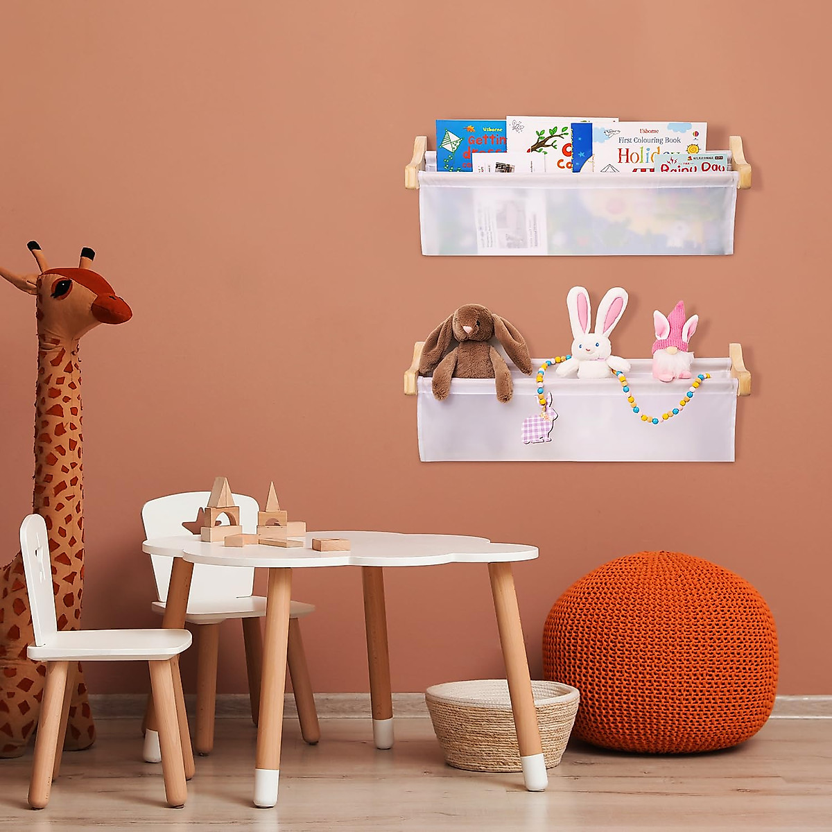 Volnamal Kids' Bookshelf Set of 2, Wall Mounted Floating Nursery Book Shelves, Bookshelf with Deep Pocket, Children's Bookcase Display for Nursery, Playroom or Kids Room