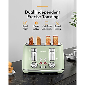 4 Slice Toaster, Extra Wide Slots, Longdeem Retro Stainless Steel Toasters, 6 Browning Options, Lift + Look, Auto Shut Off & Frozen Function, Toast Fruit Bread, Bagel & Waffle, Pastel Green