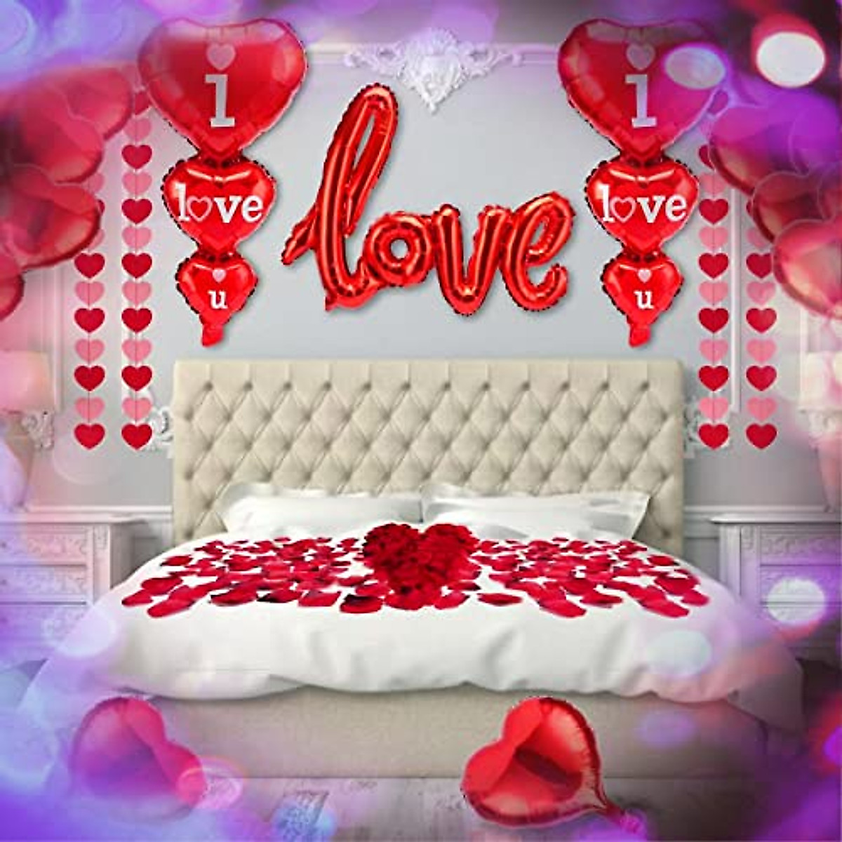 I Love You Balloons and Heart Balloons Kit with 2000 Pcs Dark-Red Silk Rose Petals Wedding Flower Decoration for Valentine Day Party Decorations
