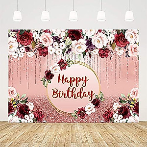 AIBIIN 7x5ft Burgundy Floral Happy Birthday Backdrop Rose Gold Glitter Bokeh Pink Burgundy Floral Photography Background Women Lady Girl 16th Bday Party Decorations Banner Supplies Photo Booth Props