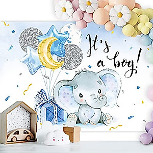 Newsely Boy Elephant Baby Shower Backdrop 7Wx5H Photography It's a Boy Blue and Silver Balloons Animal Background Star and Moon Gifts Party Decorations Banner Photo Booth Props Birthday Supplies