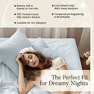 100% Organic Cotton Queen Sheet Set & Standard Pillowcases Set of 2 Combo 300 Thread Count Long Staple Cotton Sheets 3 Pc Queen Size Sheets & Standard Pillowcases Sateen Sheets Breathable Light Blue