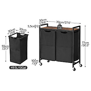 HOOBRO Laundry Hamper, Laundry Sorter 2 Section, 2 × 13 Gal (49.5L), Laundry Basket with Wheels, Rolling Cart, Pull-Out and Removable Oxford Fabric Laundry Bags, Rustic Brown and Black BF72XY01
