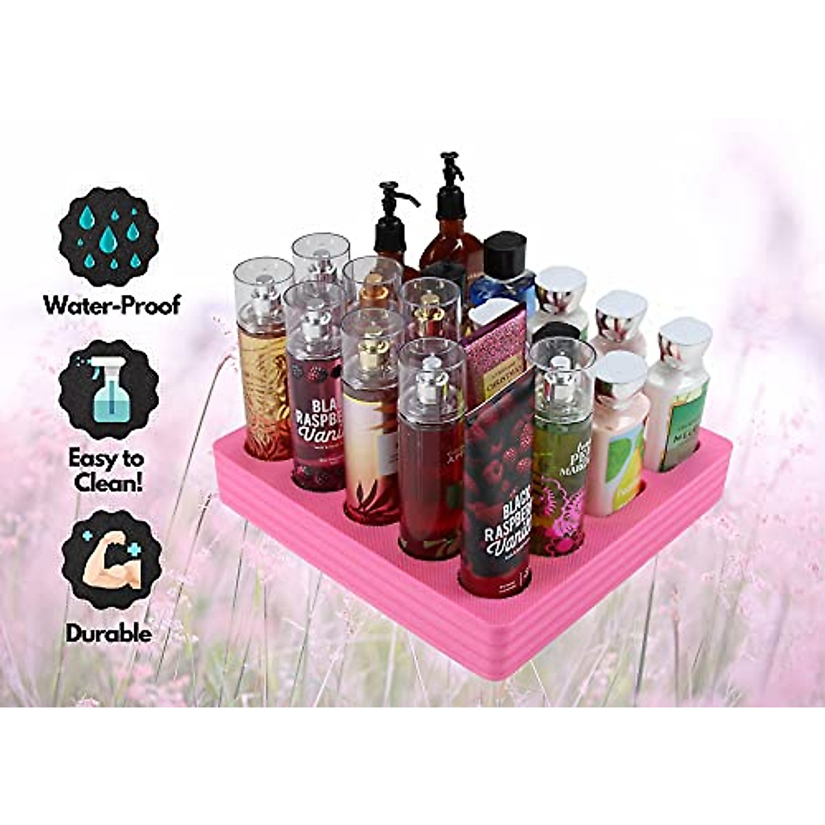 Polar Whale 2 Lotion and Body Spray Stand Organizers Large Tray Pink Durable Foam Washable Waterproof Insert for Home Bathroom Bedroom Office 12.3 x 11.75 x 2 Inches 20 Slots 2pc Pair Set