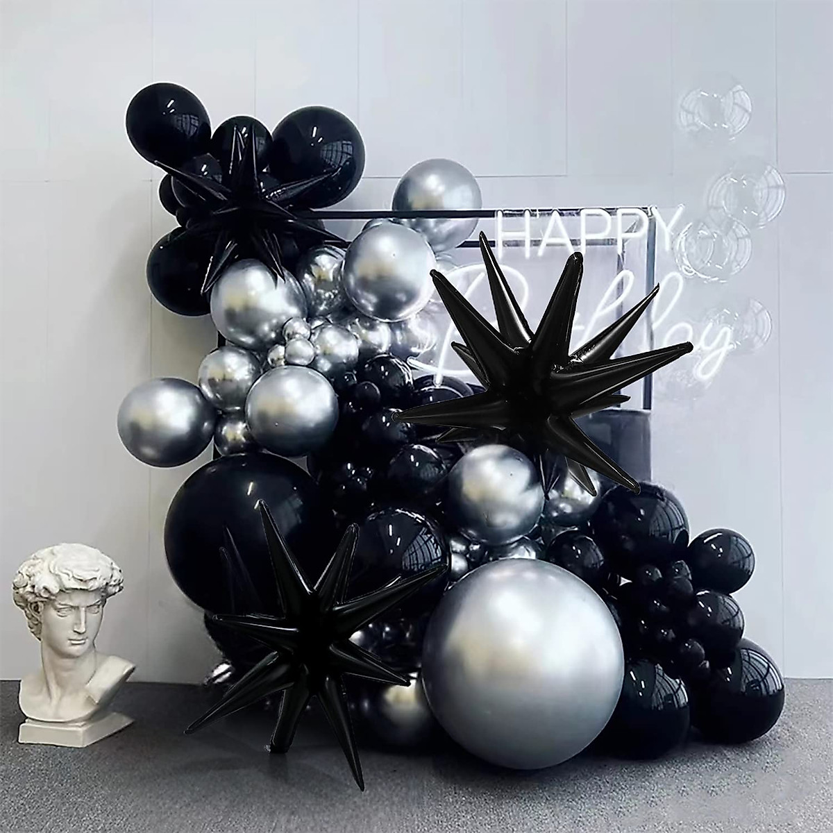 BlingABC Star Foil Balloons Black Explosion 6PCS 14 Point Cone Balloons Magic Starburst Balloons Large for Wedding Anniversary Backdrop Birthday Party Decorations(27 & 22 inch)