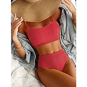 MakeMeChic Women's Ribbed High Waisted Bikini Sets Swimsuit Bathing Suit Watermelon Pink XL