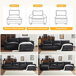 Karl home Sectional Sofa Modular Deep Seat Sofa Couch with Ottoman, Chenille Sofa Sleeper Comfy Upholstered Furniture for Living Room, Apartment, Studio, Office, (2-Seat & 1-Ottoman, Black)