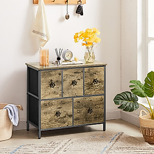VECELO Dresser for Bedroom with 5 Drawers, Small Chest of Drawers for Living Room, Nursery, Entryway, Fabric Furniture Clothes Storage Tower with Steel, Wood Top, Grey