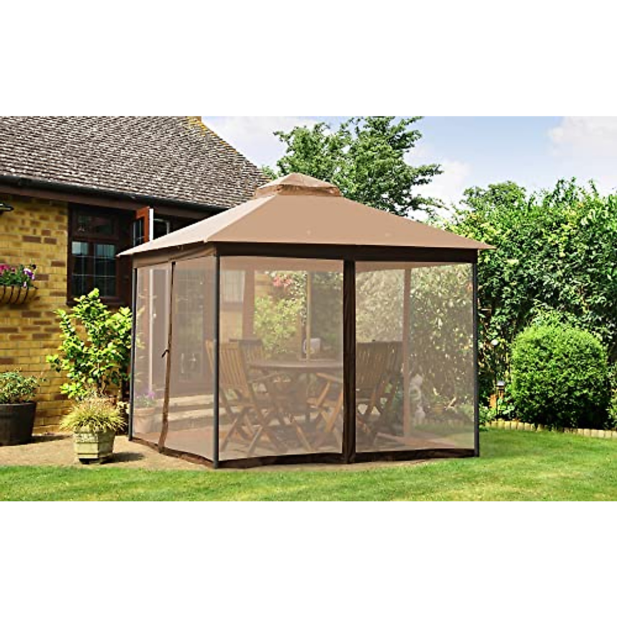 CHARMELEON Gazebo 10x10, Outdoor Gazebo with 4 Sandbags, Double Vented Roof Gazebo with Screen Netting Walls, Waterproof Patio Canopy for Deck, Party & Backyard (Khaki)