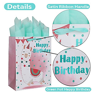 13" Large Green Gift Bag Set with Greeting Card and Tissue Paper(Llama and Happy Birthday) for for Girls’, Boys' or Kids' Birthday Party, Women's or Men's Birthday Parties, Baby Shower - 10.2”x5.2”x13”, 1 Pcs.