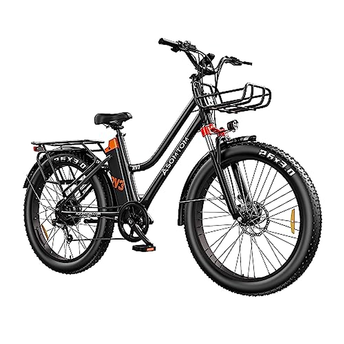 Asomtom 350W Aluminum Alloy Electric City Cruiser Bike, 26" x 3.0" Tires, Removable Battery, 40-Mile Range, 20+ MPH Speed, Shimano 7-Speed, UL Certified