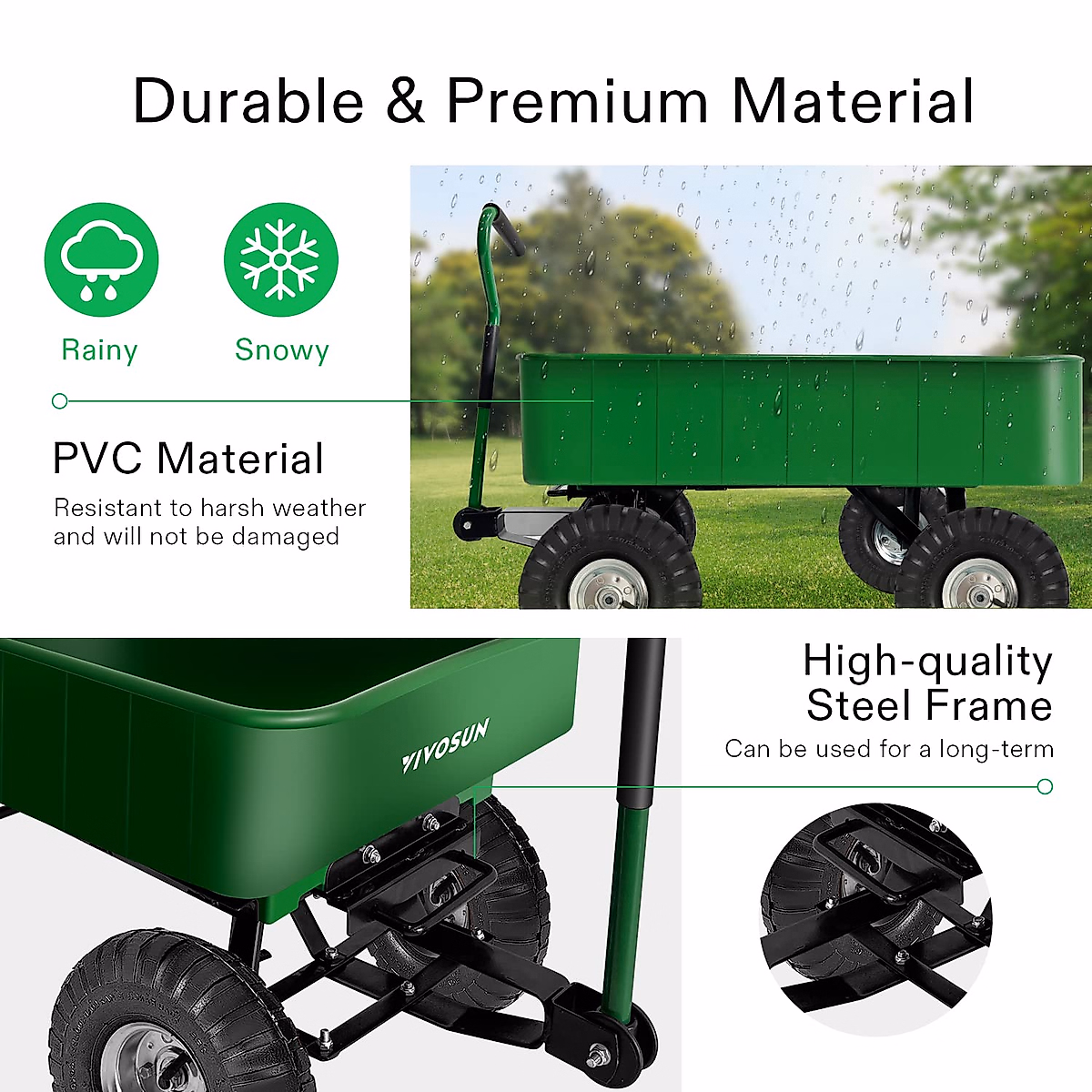 VIVOSUN Heavy-Duty Garden Dump Cart, 600-Pound Capacity, Multifunctional Pulling Wagon with 10" Pneumatic Tires for Outdoors, Lawns, Yards, Farms, and Ranches, Green