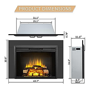 LegendFlame Damon 35 Inches Electric Fireplace Insert with Trim Kit, Glass Door and Mesh Screen, Fireplace Heater 750/1500W, Fire Crackling Sound, Adjustable Flame Speed, Remote Control, Black