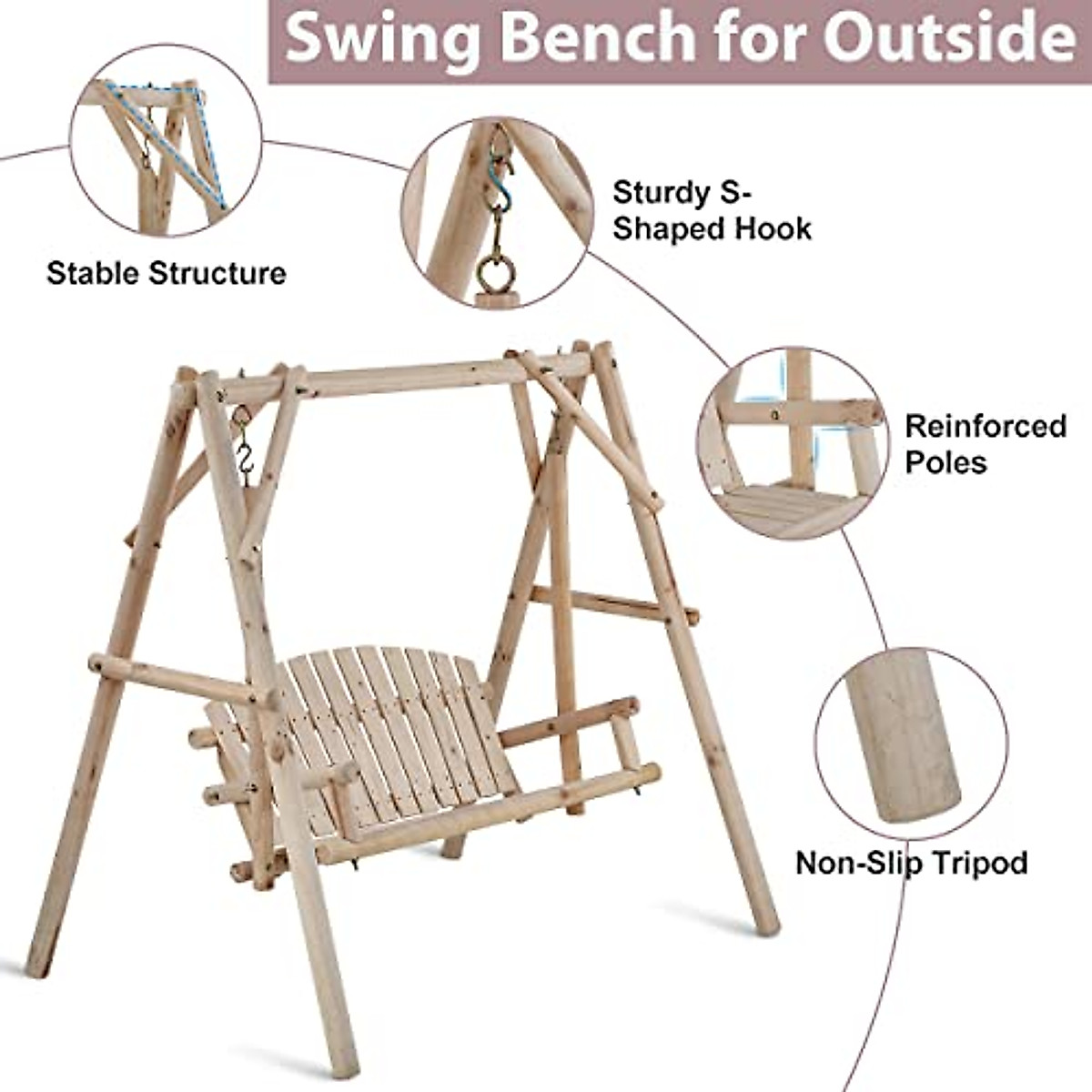 Outdoor Wooden Porch Swing 67 Inch Log Swing with Stand, A-Frame Yard Swing Set Patio Furniture Modern 2 Person Swing Sturdy Garden Bench Swing Rustic Curved Back Swing Chair for Adults