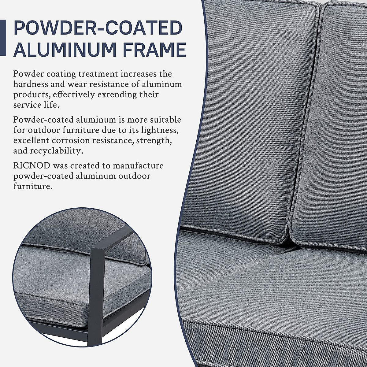 RICNOD Outdoor Loveseat with Coffee Table, Patio Conversation Set, Aluminum Modern Patio Furniture Set with Cushions for Balcony,Backyard, Poolside, Dark Grey