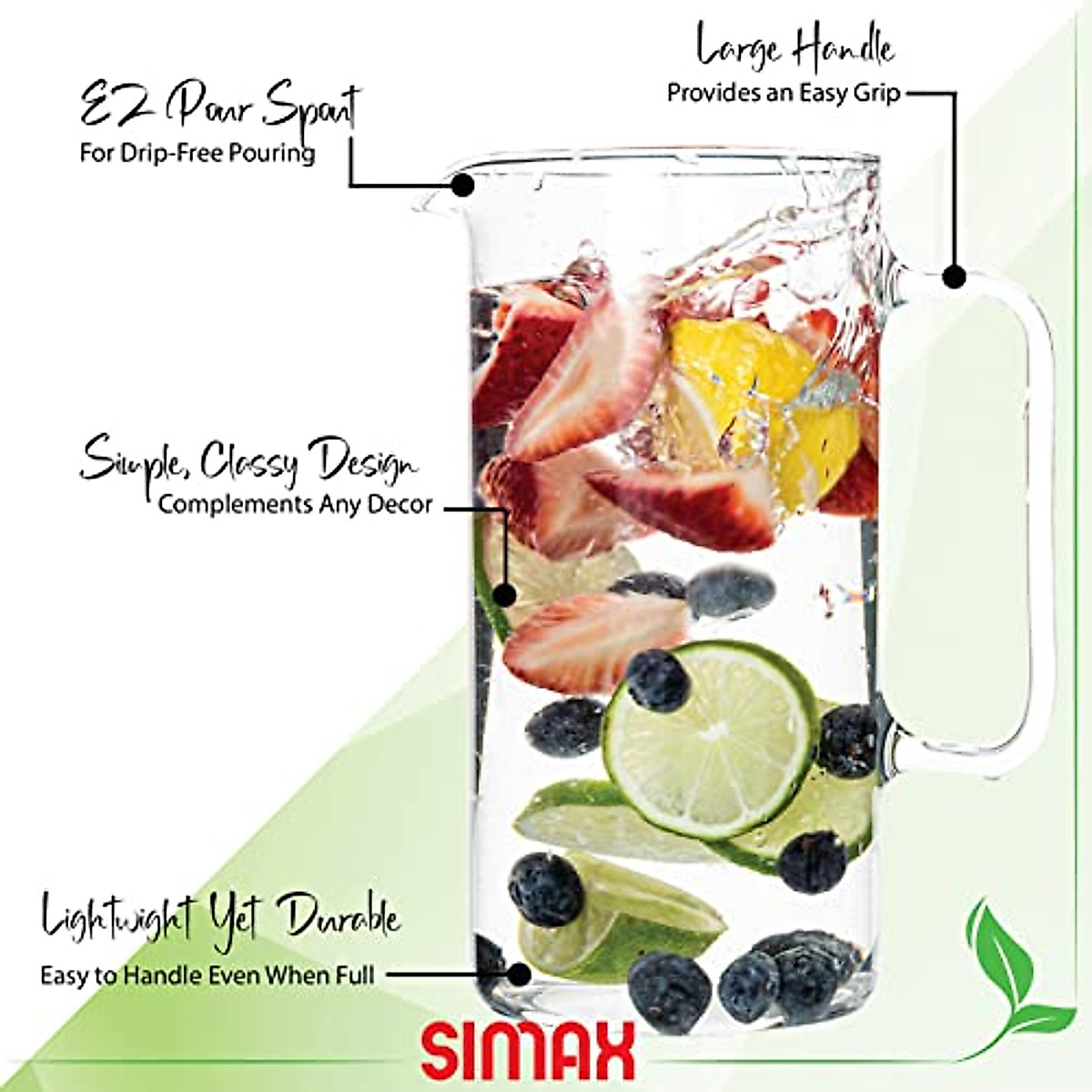 Simax Glass Pitcher, 64 Oz (2 Quart) Borosilicate Glass Water Pitchers, Hot and Cold Safe Sangria Pitchers, for Beverage, Iced Tea, Lemonade & Juice