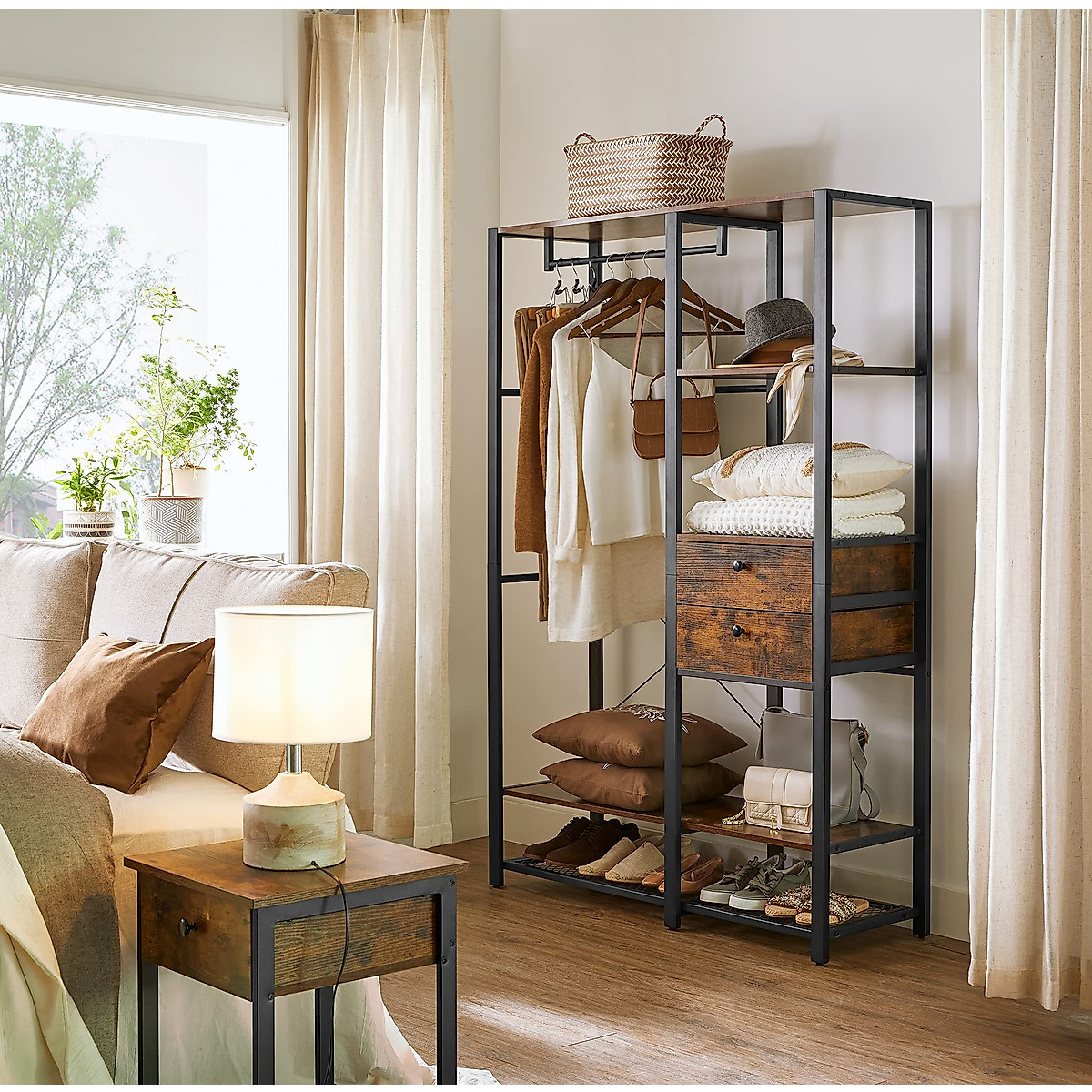 VASAGLE Free Standing Closet Organizer, Clothes Rack, Closet Organizer and Storage Shelves, Hanging Rod, 2 Drawers, Industrial Style, Rustic Brown and Black URGR001B01