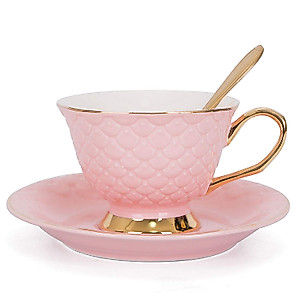 VanEnjoy Pink Vintage 8 Ounces Porcelain Coffee Cup,Tea Cup and Saucer Set and Saucer with Decorative Scale Pattern, Vintage