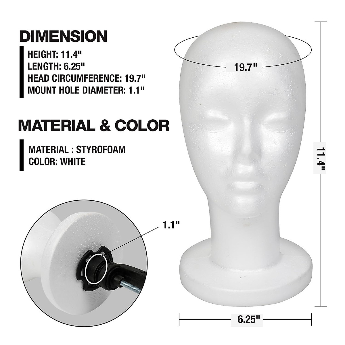 STUDIO LIMITED 11.4-Inch Styrofoam Mannequin Head (3 Pack) - White Foam Wig Stand for Wigs, Hats, Masks, Hairpieces, Arts, Crafts, DIY Projects, Salon Display, and Travel Use