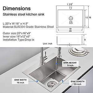 20-inch Drop in Kitchen Sink, TSIBOMU Stainless Steel Single Bowl Small Kitchen Sink Brushed Nickel, 20x16x9
