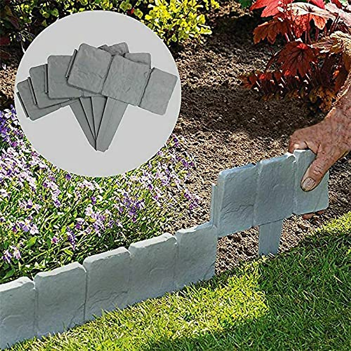 20 Pcs Simulation Cobbled Stone Folding Plastic Garden Border Fence,Landscape Flower Bed Lawn Edging Landscape Gardening Accessories (Dark Grey)
