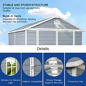 GLANZEND 8x6FT Resin Outdoor Storage Shed with Floor Foundation, Outside Garden Tool House with Side Window and Air Vent, Plastic Strong Structure for Patio Lawn, Garbage Chamber