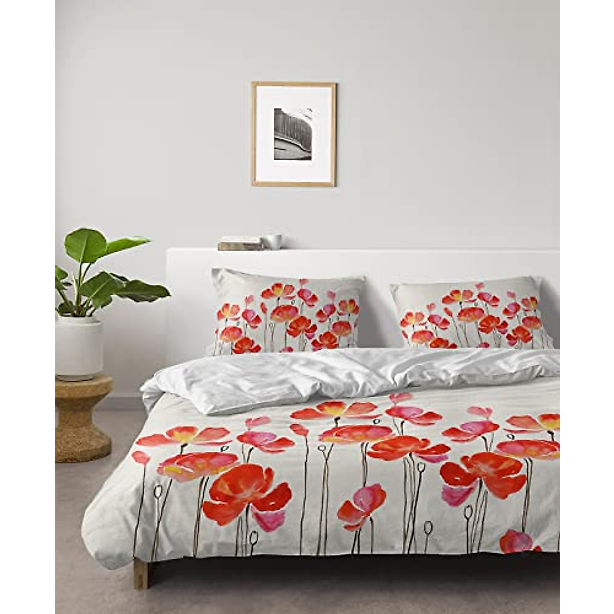 Pastoral Queen Duvet Cover 4 Piece Bedding Set Watercolor Red Poppy Flower Microfiber Quilt Cover Ultra Soft Flat Sheet and 2 Pillow Cases Abstract Blooming Floral Bedding Sets for Bedroom Decor