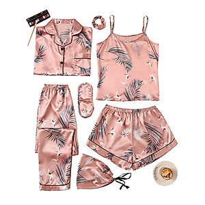 SheIn Women's 7pcs Pajama Set Cami Pjs with Shirt and Eye Mask Pink Crane Medium