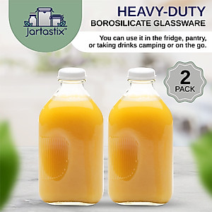 Jartastix 64-Oz Glass Milk Jugs with Caps (2 Pack) - 64 Ounce Food Grade Glass Bottles - Dishwasher Safe - Bottles for Milk, Buttermilk, Juice, Tomato Sauce, Jam, Barbecue Sauce (64oz // 2 Pack)