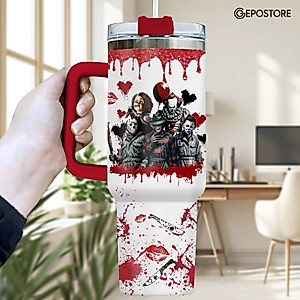 GEPOSTORE Valentines Gifts for Him Her, Horror Characters 40 Oz Tumbler with Handle, Movie Scary Cup, Gifts for Horror Fan