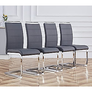 Baysitone Modern Dining Chairs Set of 4, PU Faux Leather High Back Upholstered Dining Room Side Chair with Horizontal Stripe Backrest Design for Kitchen Living Room Vanity Patio Dinner Chairs, Grey