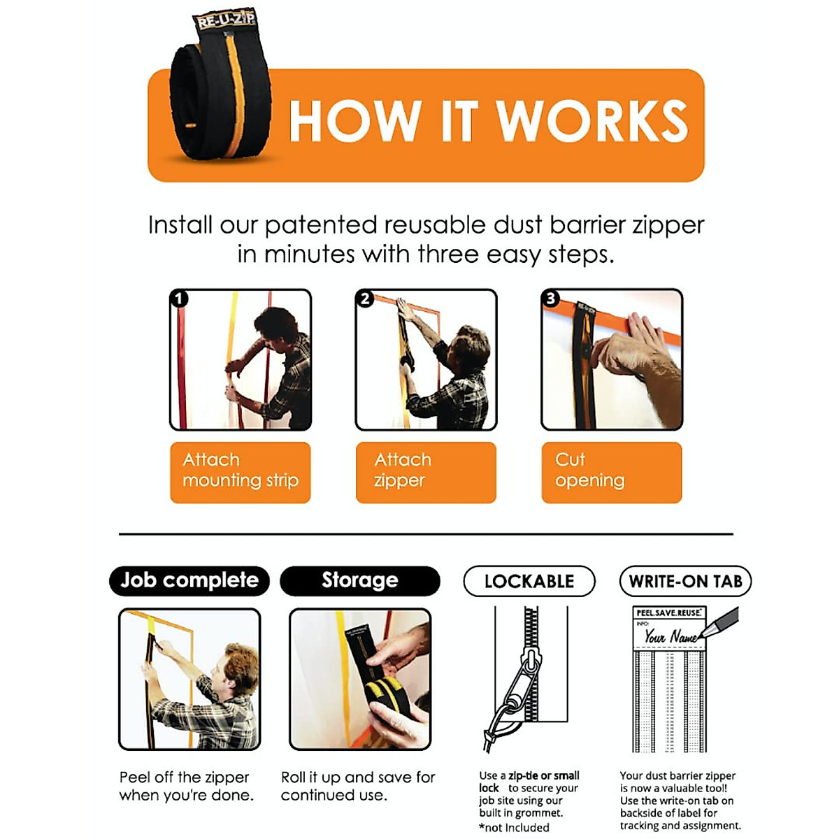 RE-U-ZIP® Heavy-Duty Reusable Dust Barrier Zipper | Starter Kit | Patented Hook & Loop System | Cost-Effective & Reliable | Lockable Safety Feature