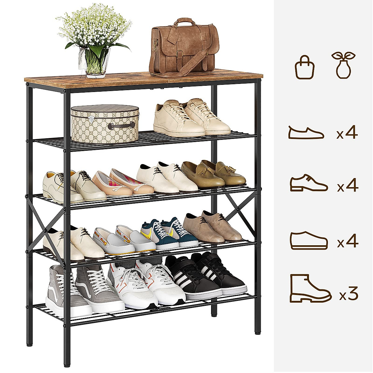 YATINEY 5-Tier Shoe Rack, Shoe Storage for Entryway and Closet, Free Standing Shoe Organizer with Metal Mesh Shelves, 16-20 Pairs of Shoes, Rustic Brown and Black SS05BR