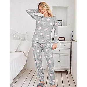 Ekouaer Womens Pajama Set Long Sleeve Sleepwear Star Print Nightwear Soft Pjs Lounge Sets with Pockets light Grey Pink Star Medium