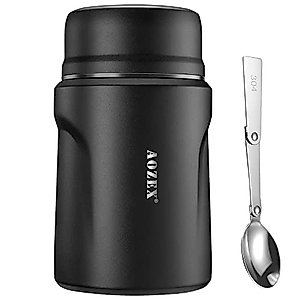 AOZEX Thermos for Hot Food, 16 oz Vacuum Insulated Food Jar Small Kids Food Thermos Container with Spoon, Stainless Steel Lunch Thermos Food Jar Leak Proof Soup Thermos for Adults, Black