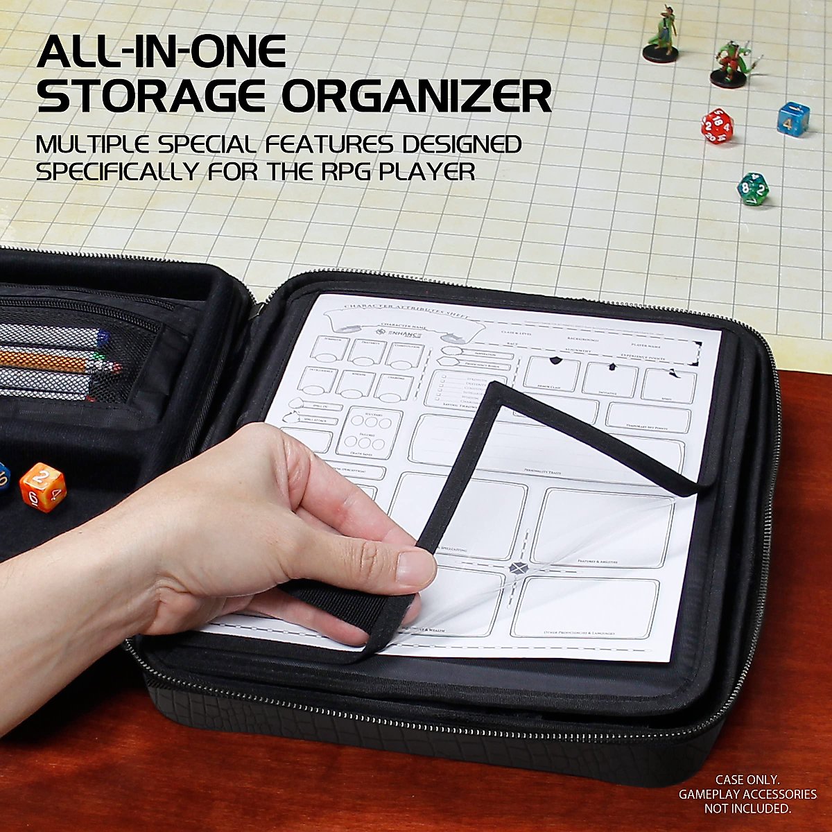 ENHANCE DnD Binder - Collector's Edition RPG Organizer Case with Built-in Character Sheet Holder and Erasable Scribe Panel, Dice Rolling Area, Removable Pen Pouch, Miniature Foam Tray (Dragon Black)