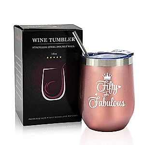 50th Birthday Gifts For Women - 1973 50th Birthday Decorations For Women - Gifts For Women Turning 50 - 50 Year Old Gifts For Women, Mom, Wife, Friends - 12 Oz Wine Tumbler (Fifty And Fabulous)
