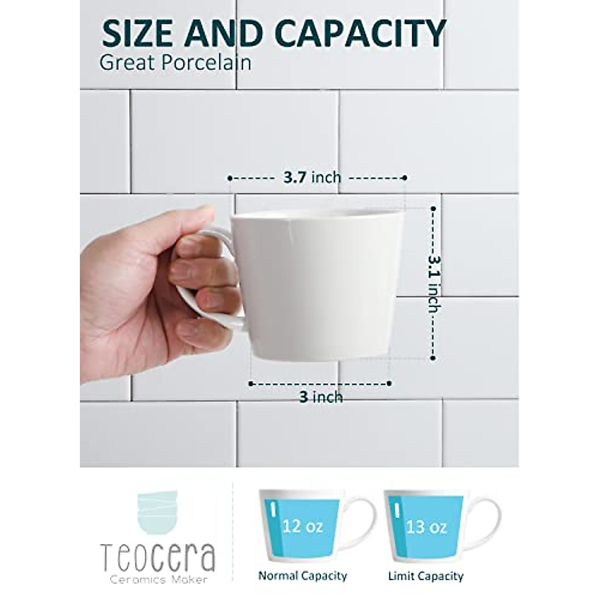 Teocera Coffee Mugs Set of 4, 12 Ounce Coffee Mug Set with Handle for Latte, Cappuccino, Cocoa, Tea - Modern Design Mugs - Gift for Women Men, White
