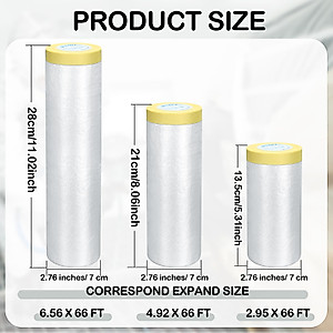 12 Rolls Assorted Plastic Sheeting Pre Taped Masking Film Clear Masking Paper for Automotive Painting Covering Painting Supplies, 3 Multi Sizes x 66 Feet/roll