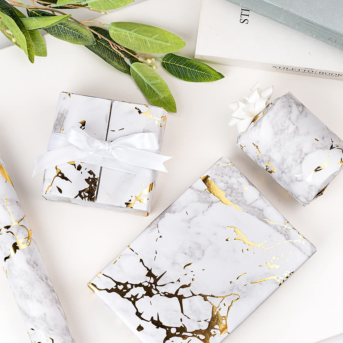 WRAPAHOLIC Wrapping Paper Roll - Mini Roll - 17 Inch X 33 Feet - White Marble with Gold Foil Design, Perfect for Birthday, Holiday, Wedding, Baby Shower