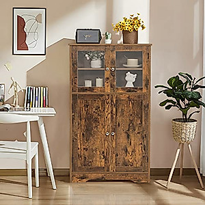 Iwell Storage Cabinet, Bathroom Cabinet with 4 Doors and Adjustable Shelf, Floor Cabinet for Living Room, Bedroom, Home Office, Rustic Brown