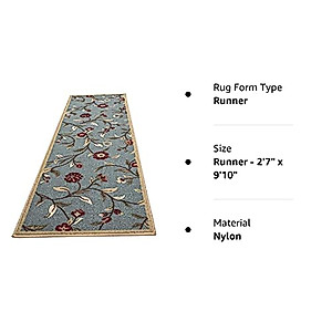 Machine Washable Floral Leaves Design Non-Slip Rubberback 3x10 Traditional Runner Rug for Hallway, Kitchen, Bedroom, Living Room, 2'7" x 9'10", Seafoam Green