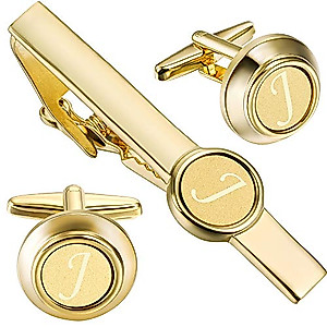 HAWSON 2 inch Tie Clips and Cufflinks Sets for Men A-Z Gold Engraved Letter Cufflinks and Tie Clips Sets for Formal Business Wedding - J