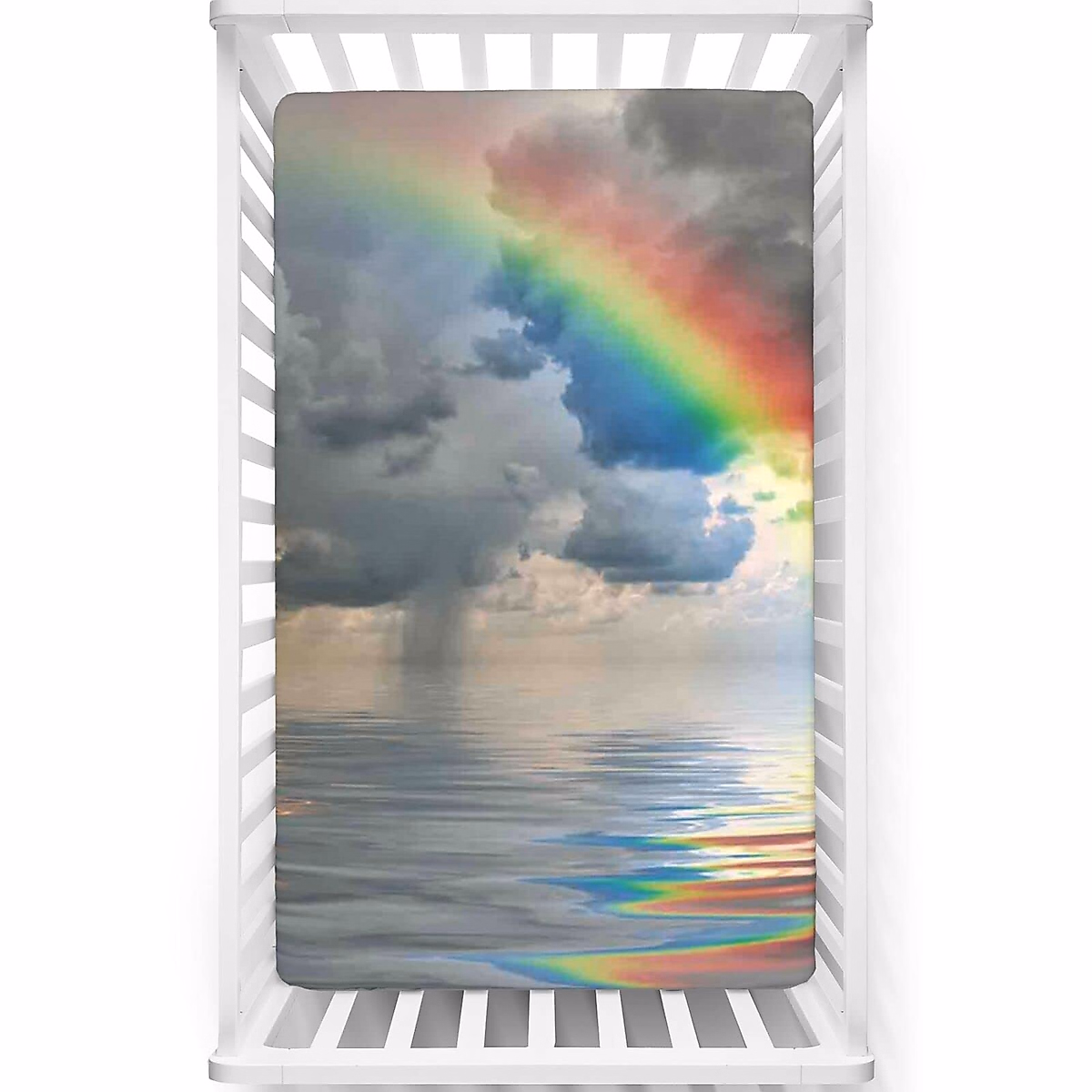 Rainbow Themed Fitted Crib Sheet,Standard Crib Mattress Fitted Sheet Toddler Bed Mattress Sheets-Baby Sheet for Boys Girls,28“ x52“,Pale Grey Multicolor