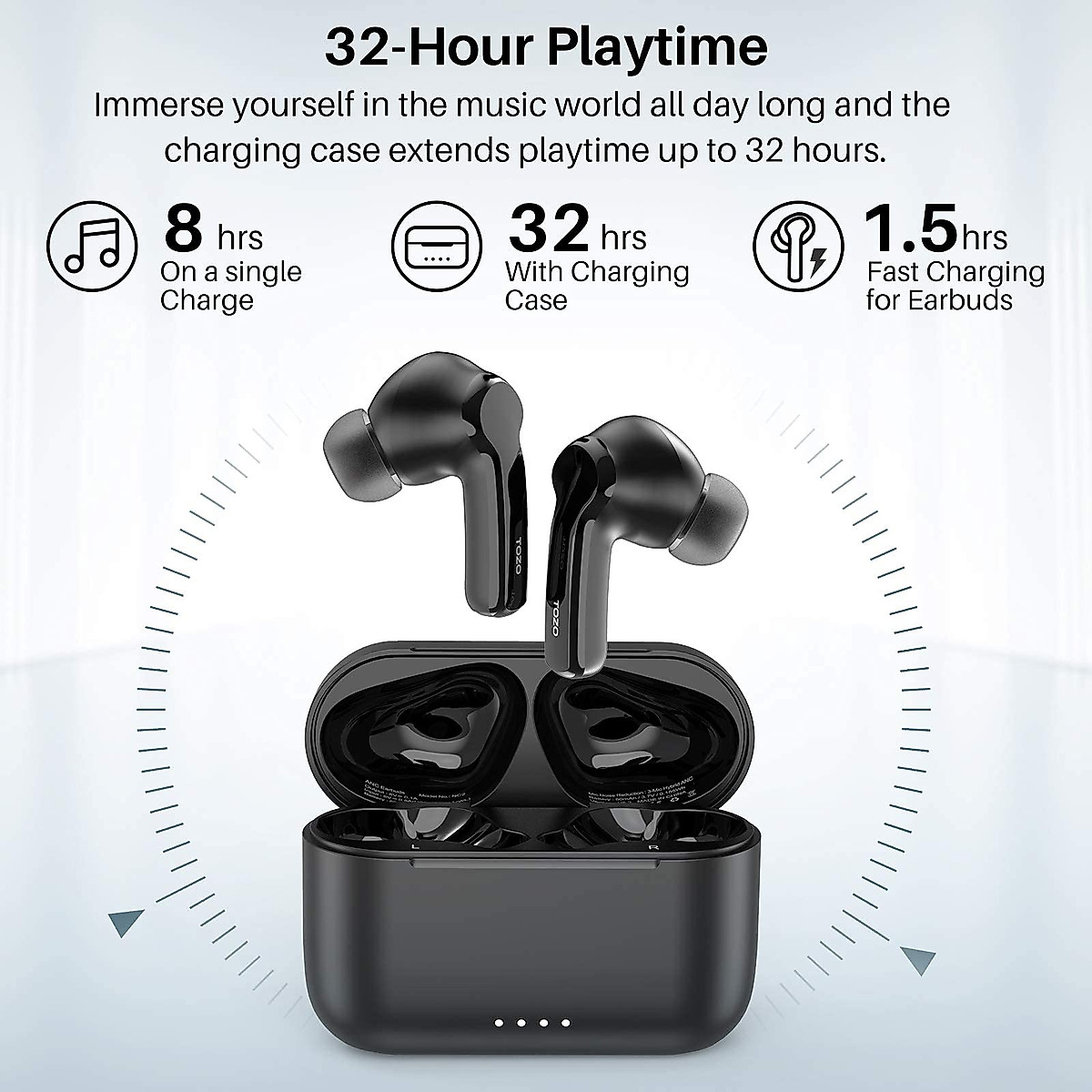 TOZO NC2 Hybrid Active Noise Cancelling Wireless Earbuds, ANC in-Ear Detection Headphones W1 Wireless Charger