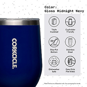 Corkcicle Stemless Insulated Wine Glass Tumbler, Gloss Midnight Blue, 12 oz – Stainless Steel Stemless Wine Glass Keeps Beverages Cold for 6 Hours, Hot for 3 Hours – Non-Slip, Easy-Grip Insulated Cup