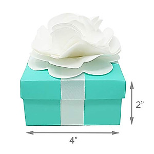 Premium Favor Gift Box for Wedding, Bridal Shower, Birthday and All Events, 4x4x2 Size, 10 Count Per Pack (1-Pack, Robin Egg Blue) - Includes White Satin Ribbons & Paper Flower for Each Box