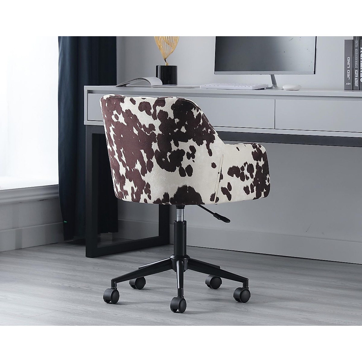 Modern Swivel Home Office Desk Chair with Wheels and Arms, Cow Print Velvet Height Adjustable Comfortable Ergonomic Upholstered Desk Chair, Wide Cute Cowhide Computer Armchair for Living Room Home